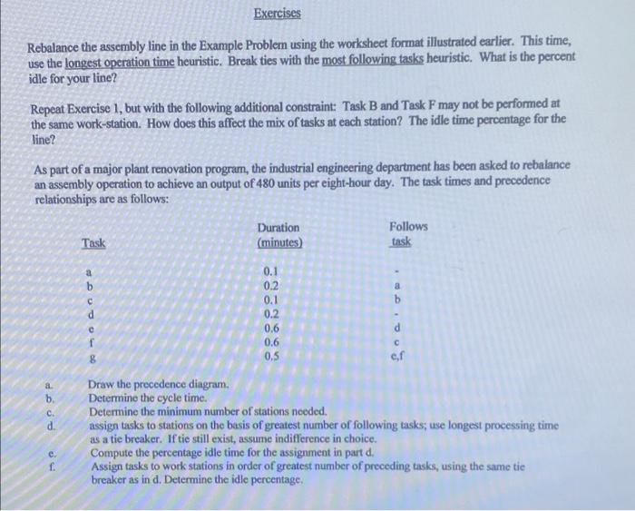 Solved Exercises Rebalance the assembly line in the Example | Chegg.com