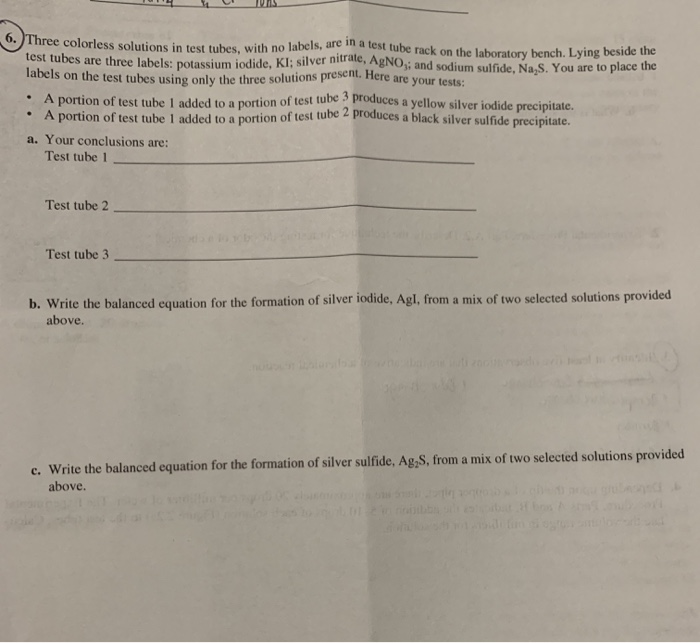 Solved CIUS Three colorless solutions in test tubes, with no | Chegg.com