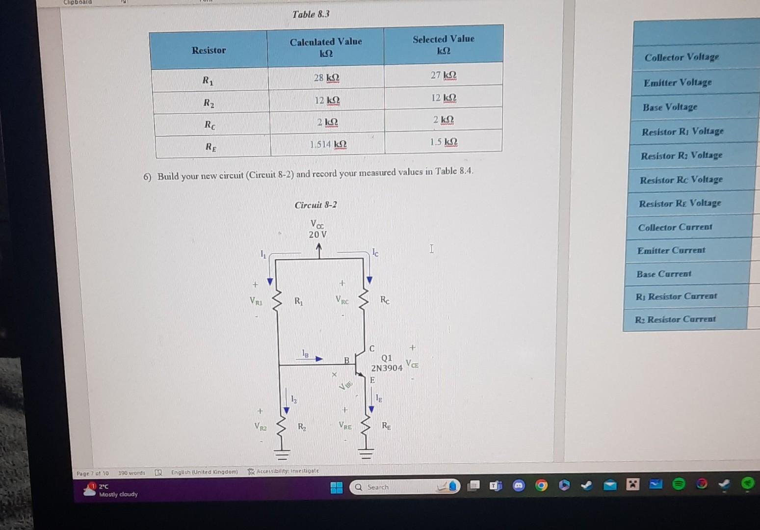 Solved Circuit 8-ITable 8.3 6) Build your new circuit | Chegg.com