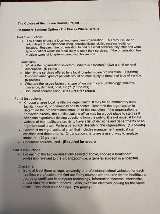 Solved The Culture of Healthcare Course Project Healthcare | Chegg.com