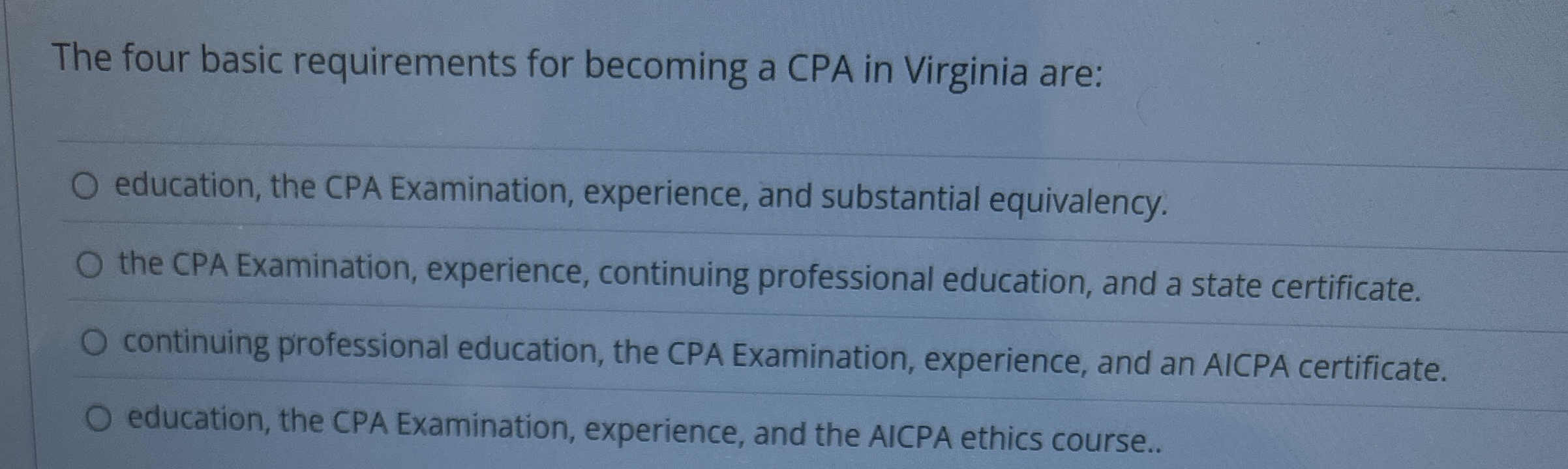 Solved The four basic requirements for becoming a CPA in | Chegg.com