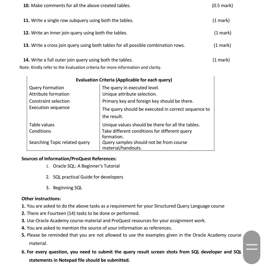 Solved 10. Make comments for all the above created tables. | Chegg.com