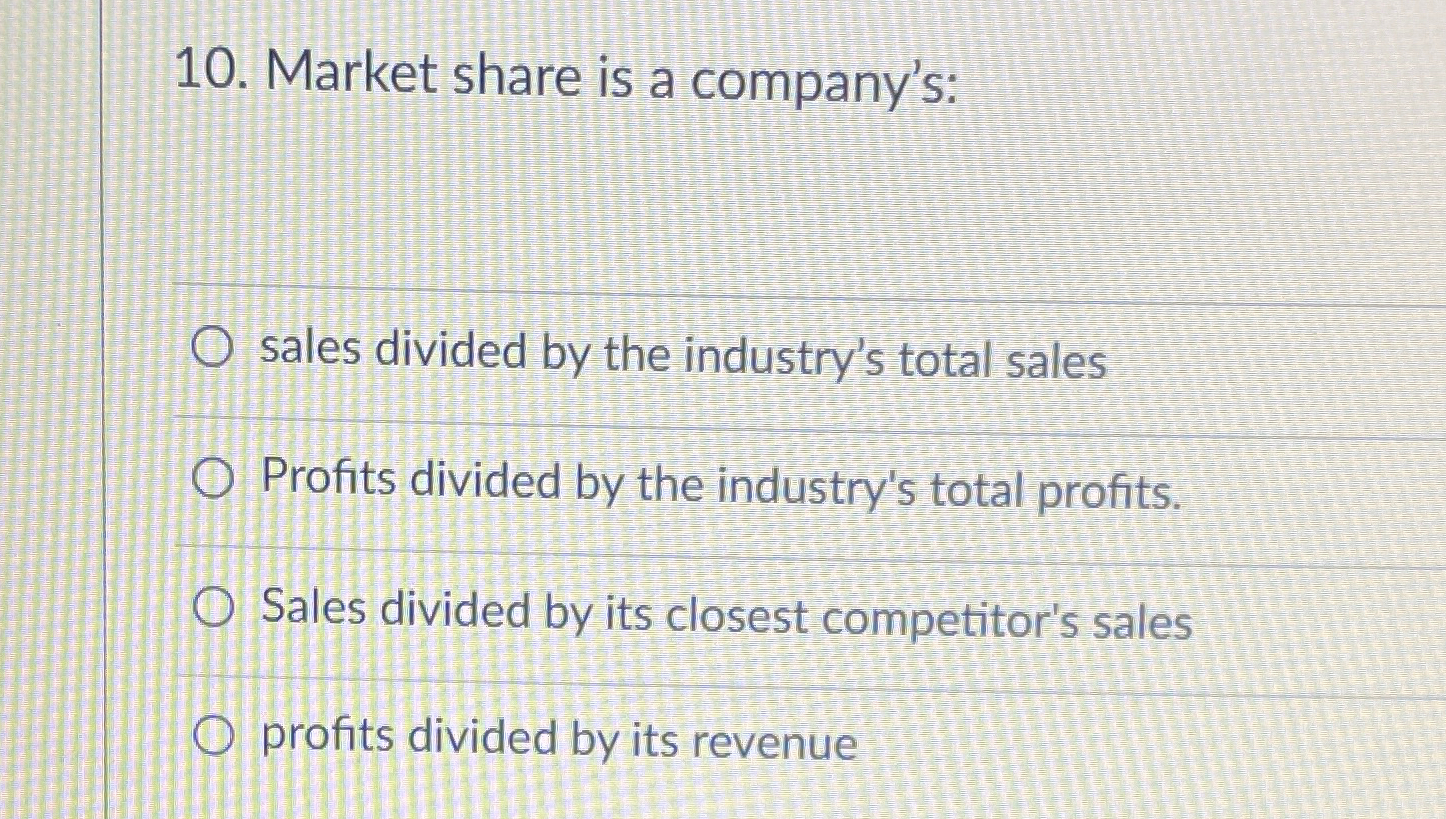 Solved Market share is a company's:sales divided by the | Chegg.com