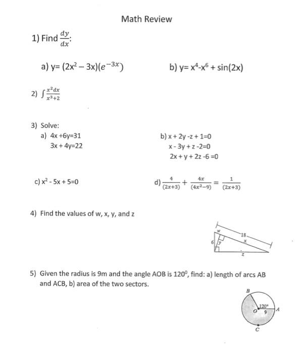 Solved Math Review 1) Find \\( \\frac{d y}{d x} \\) : a) \\( | Chegg.com