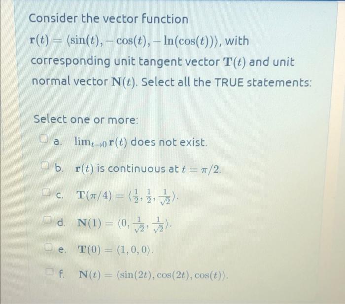Solved Consider the vector function r(t) = (sin(t), – | Chegg.com
