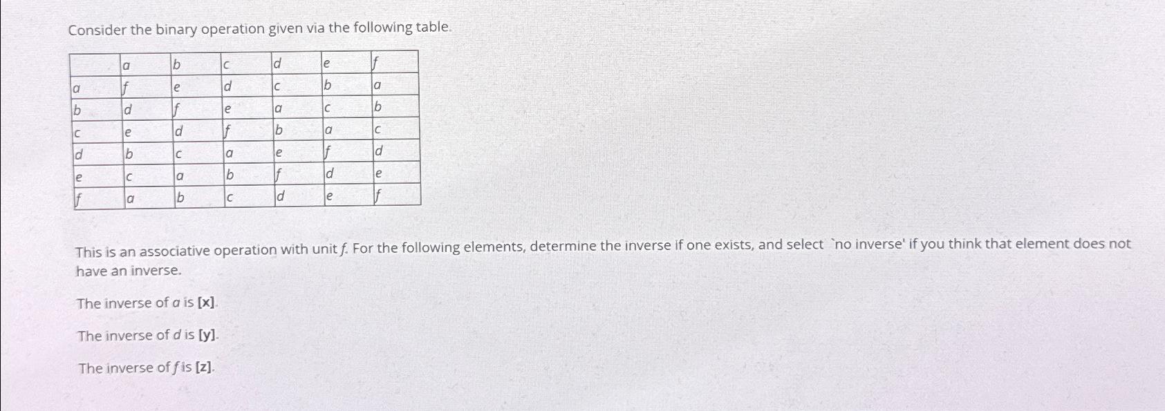 Solved Consider the binary operation given via the following | Chegg.com