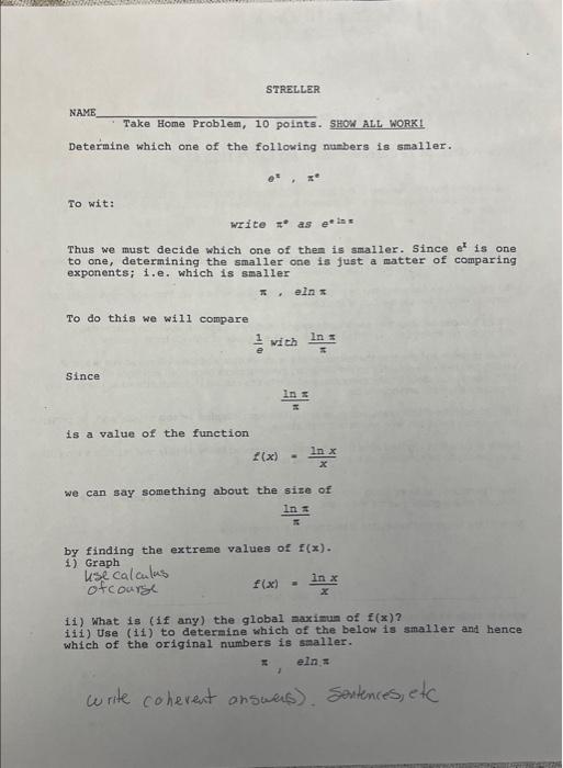 Solved STRELLER NAME Take Home Problem, 10 points. SHOW ALL | Chegg.com