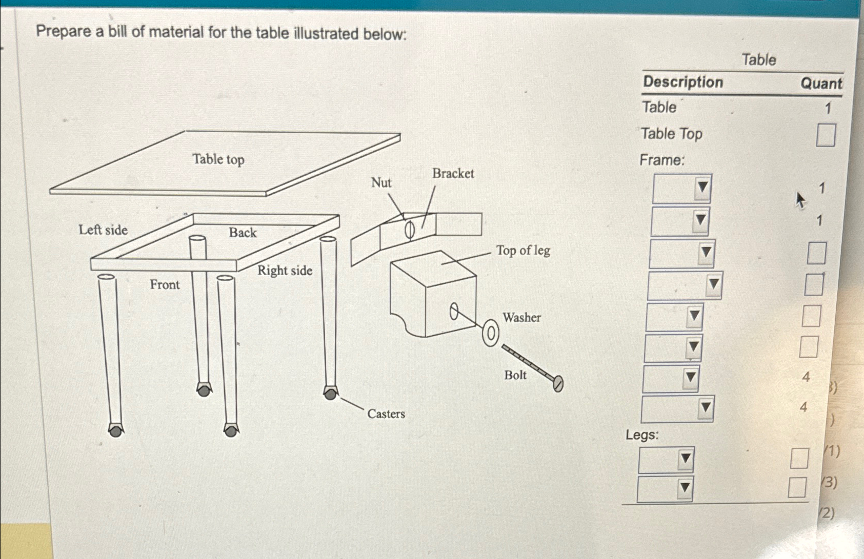 Solved Prepare a bill of material for the table illustrated | Chegg.com