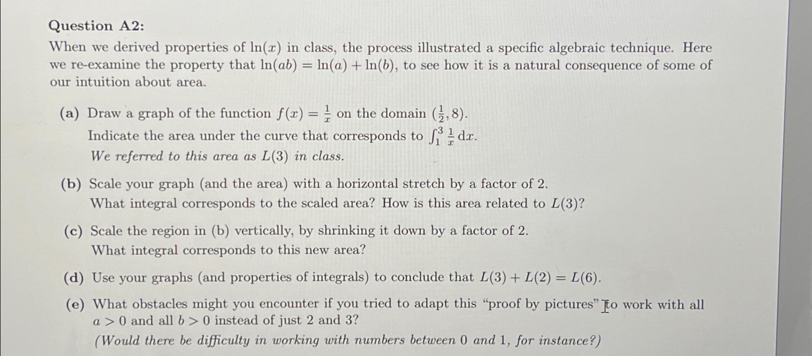 Question A2:When we derived properties of ln(x) ﻿in | Chegg.com