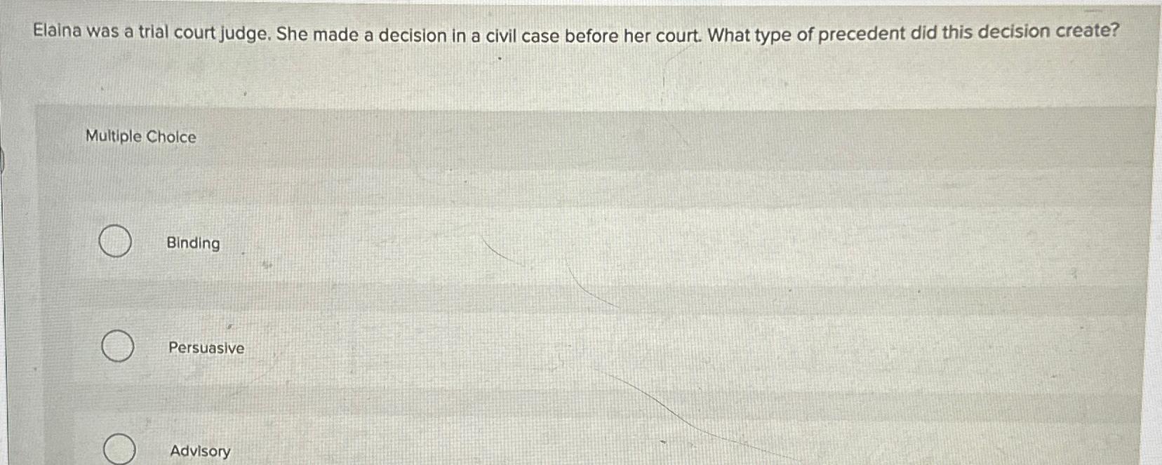 Solved Elaina was a trial court judge. She made a decision | Chegg.com