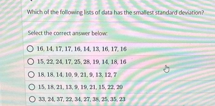 Solved Which of the following lists of data has the smallest | Chegg.com
