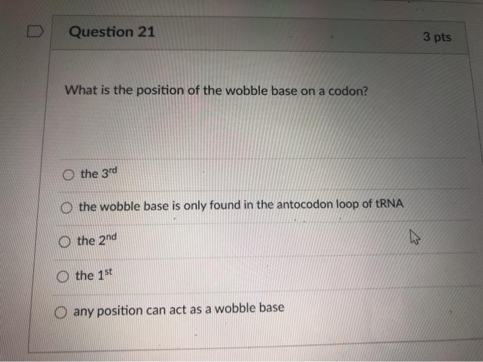 Solved Question 21 3 pts What is the position of the wobble | Chegg.com