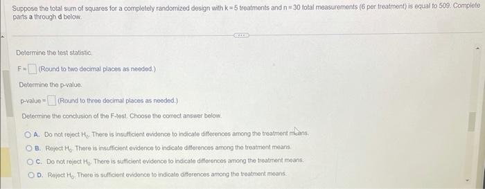 Solved Suppose the total sum of squares for a complotely | Chegg.com