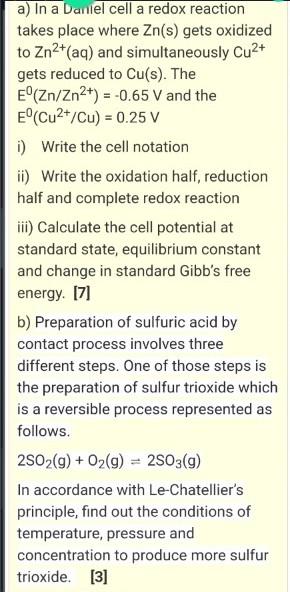 Solved a) In a Daniel cell a redox reaction takes place | Chegg.com