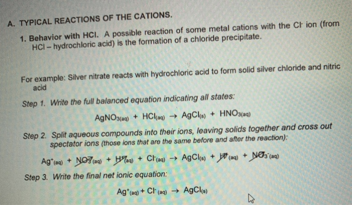 Solved A. TYPICAL REACTIONS OF THE CATIONS. 1. Behavior with | Chegg.com