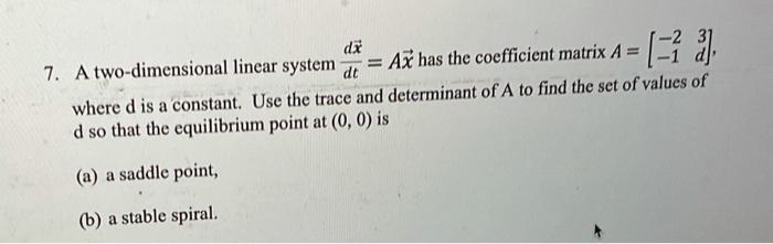 Solved 1= [} di 7. A two-dimensional linear system = AX has | Chegg.com