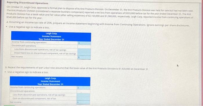 Solved Reporting Discontinued Operations On October 31, | Chegg.com