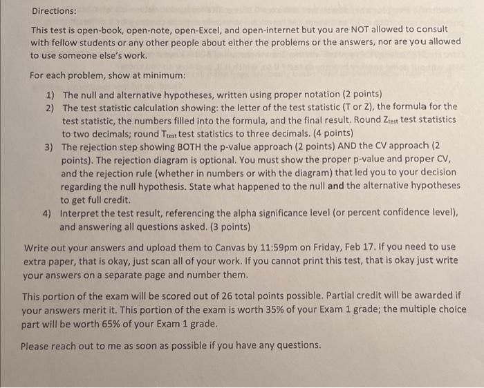Solved This test is open-book, open-note, open-Excel, and | Chegg.com
