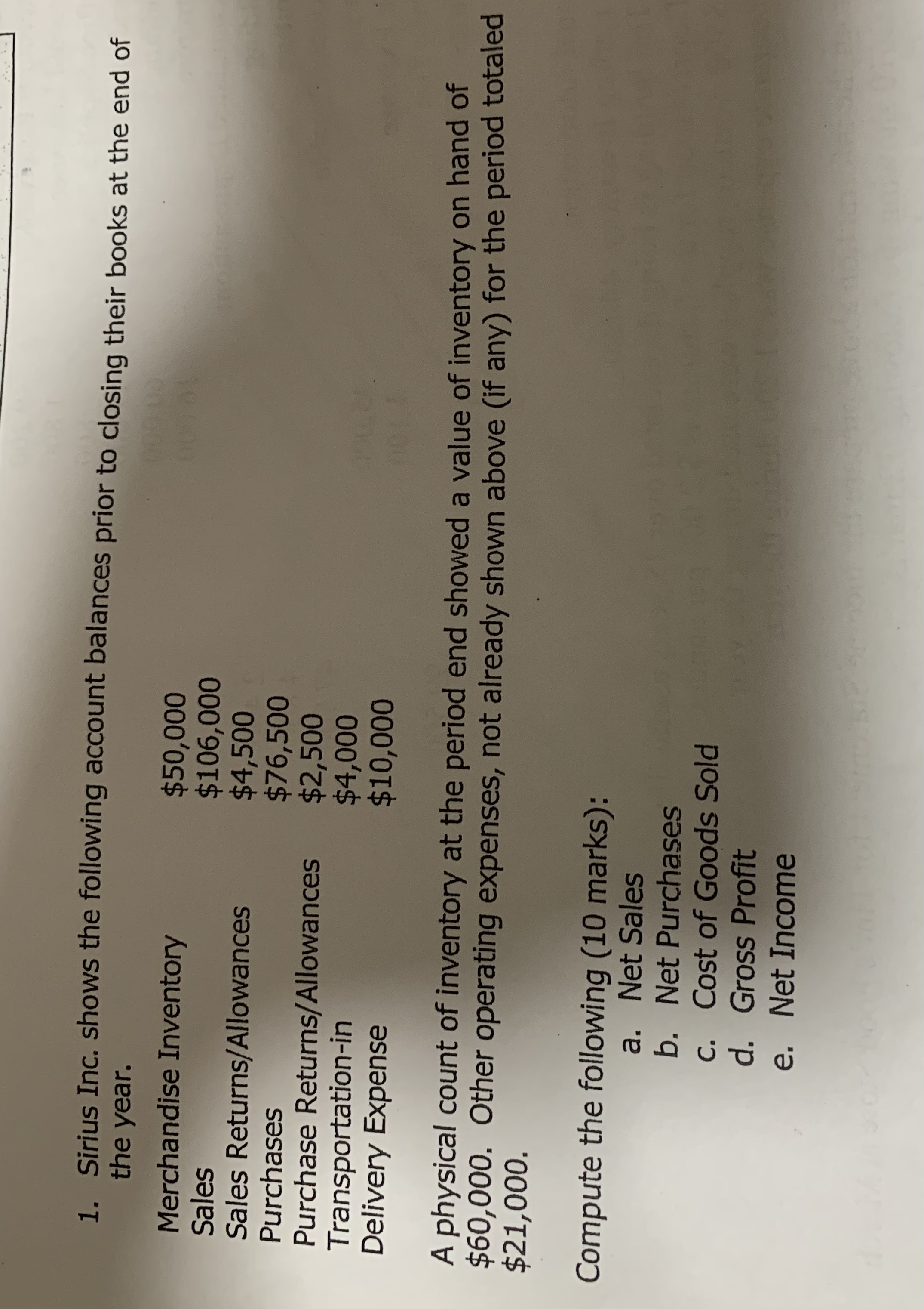Solved Sirius Inc. shows the following account balances | Chegg.com