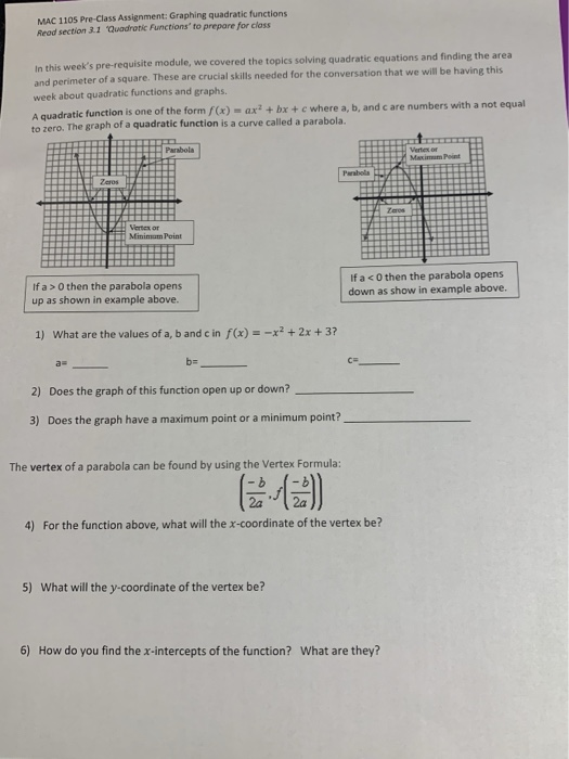 Solved Mac 1105 Pre Class Assignment Graphing Quadratic 