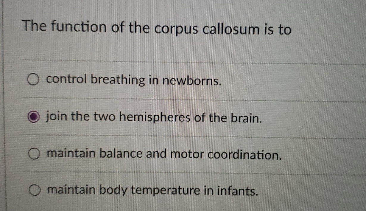 Solved The function of the corpus callosum is tocontrol | Chegg.com