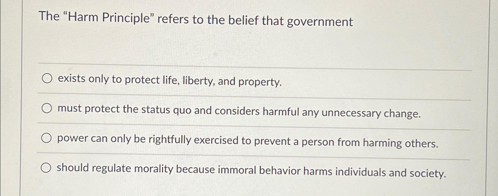 Solved The "Harm Principle" refers to the belief that | Chegg.com