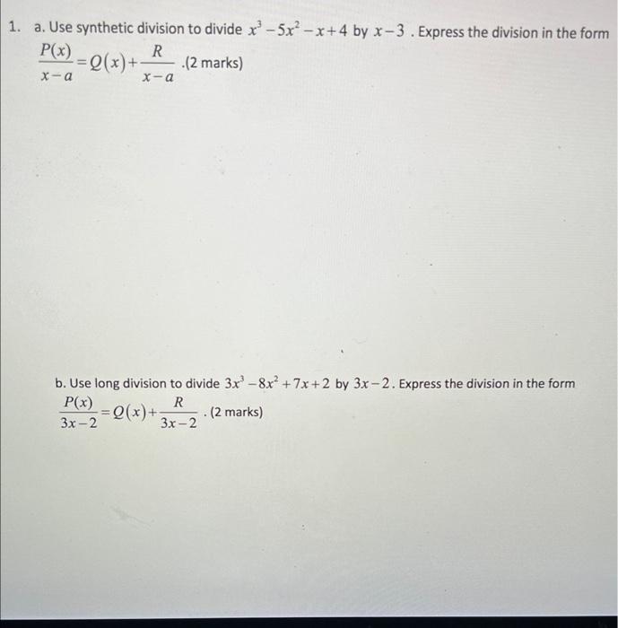 Solved 1. a. Use synthetic division to divide x3−5x2−x+4 by | Chegg.com
