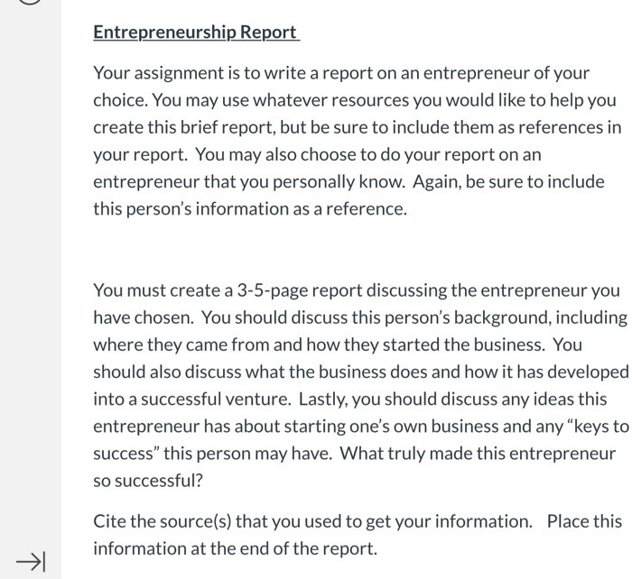 Solved Entrepreneurship Report Your assignment is to write a | Chegg.com
