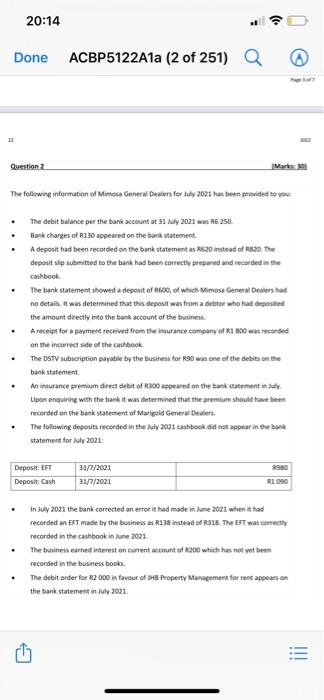 The following infermaton of Mimosa General Dealers | Chegg.com
