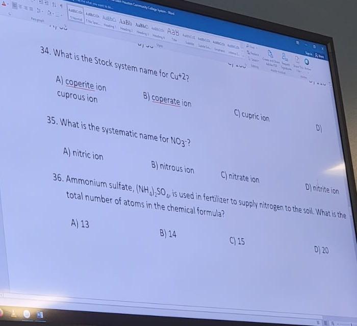 Solved 34. What is the Stock system name for Cu2 ? ? A) | Chegg.com