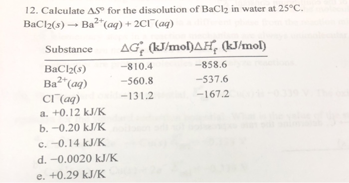 Solved 12. Calculate AS° for the dissolution of BaCl2 in | Chegg.com