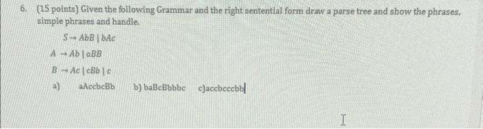Solved 6. (15 points) Given the following Grammar and the | Chegg.com