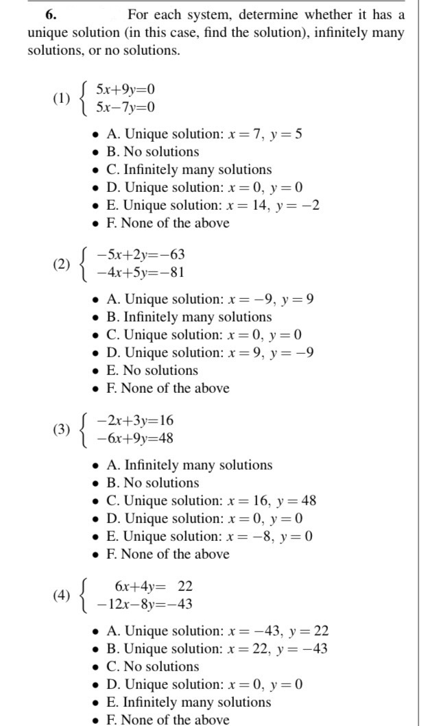 Solved For each system, determine whether it has a unique | Chegg.com
