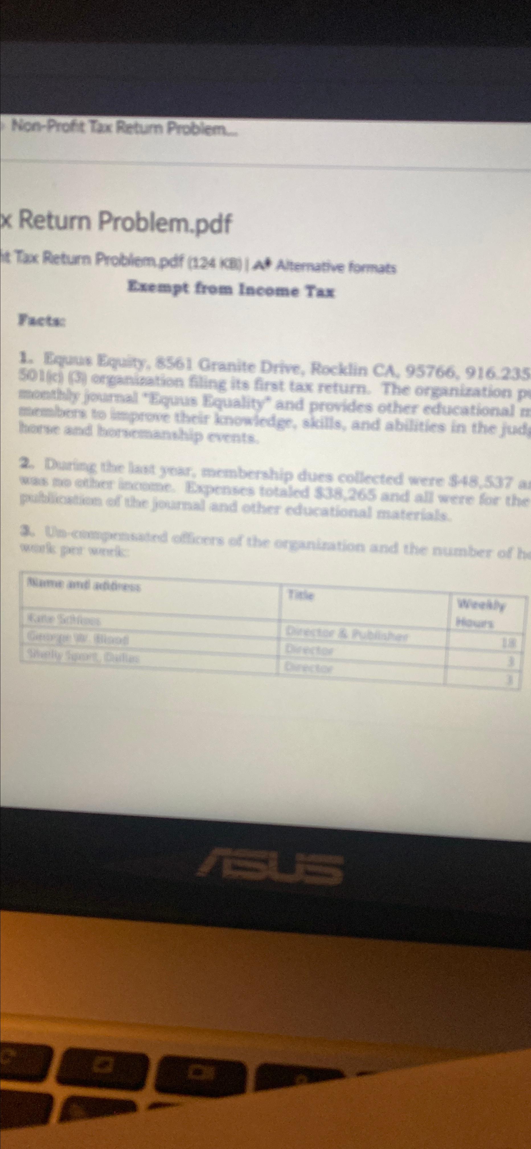 Solved Non-Proft Tax Return Problem.x Return Problem.pdft | Chegg.com