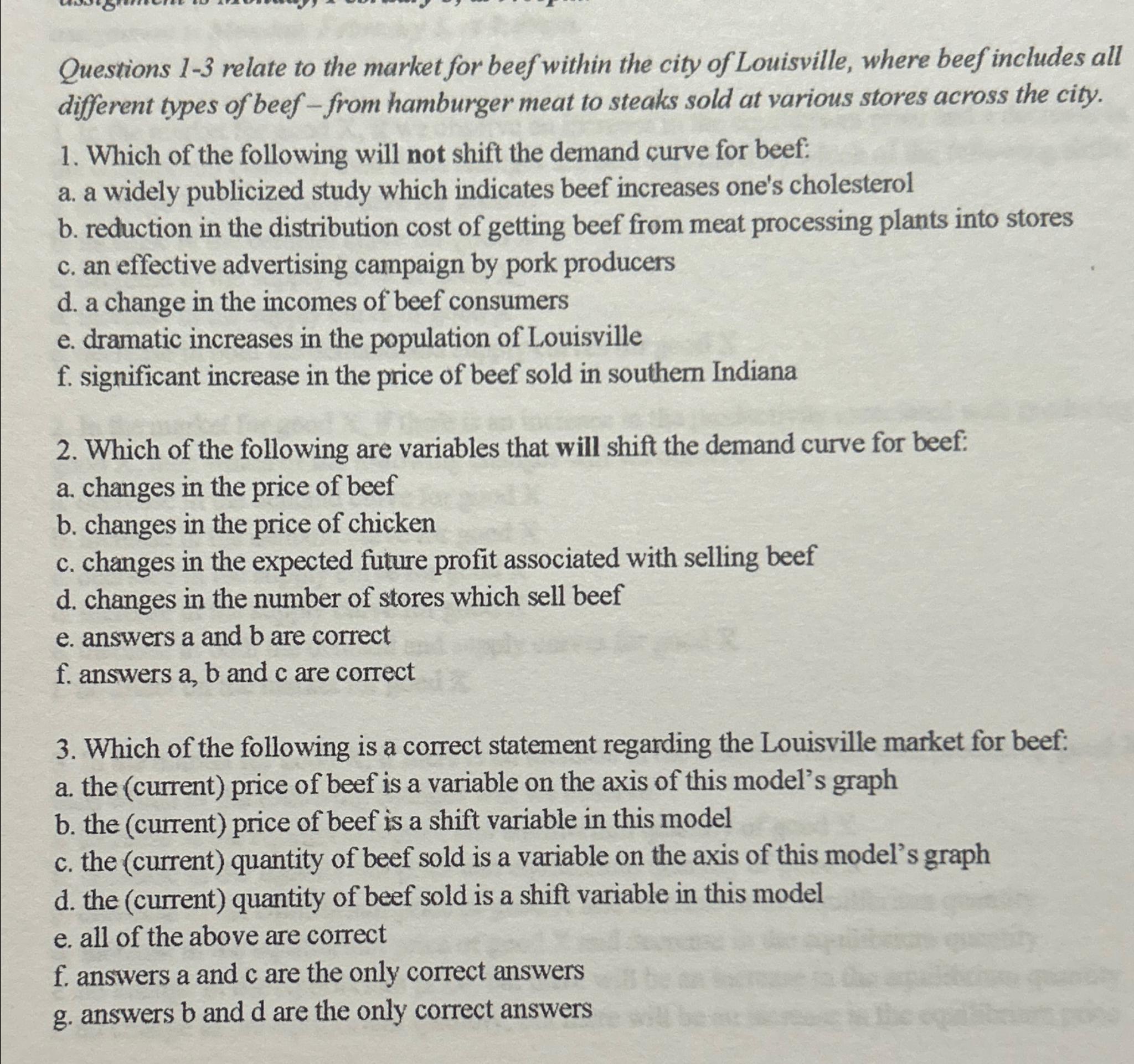 Solved Questions 1-3 ﻿relate to the market for beef within | Chegg.com