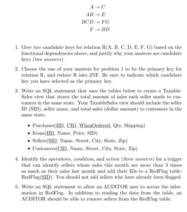 Solved -> A C AB → E BCD + FG F → BD 1. Give two candidate | Chegg.com