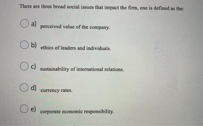 Solved There are three broad social issues that impact the | Chegg.com