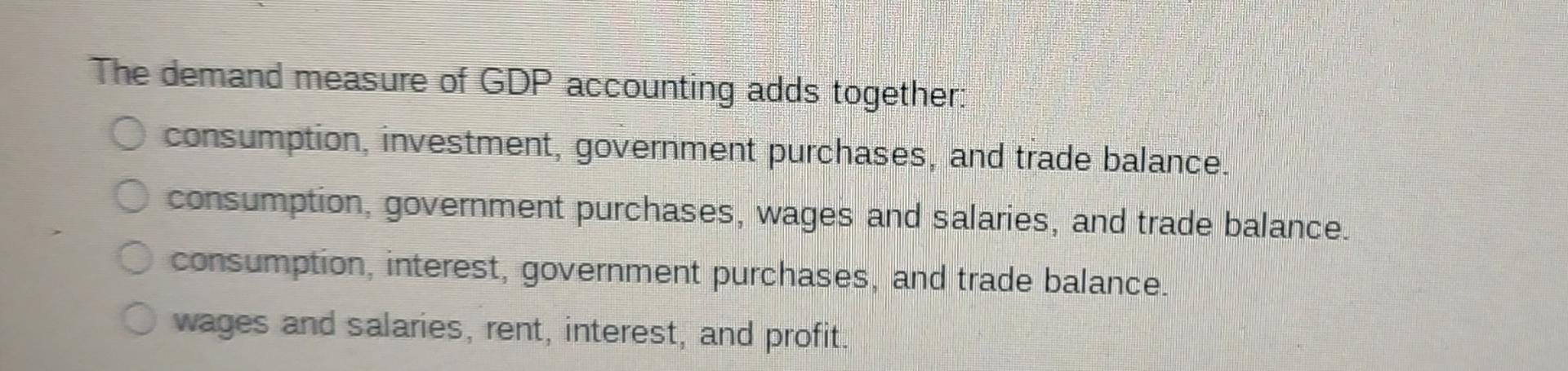 Solved The demand measure of GDP accounting adds | Chegg.com