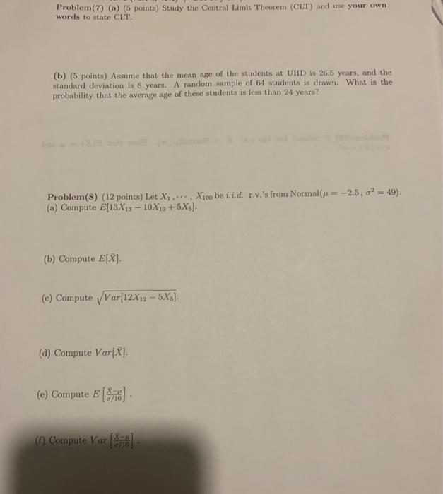Solved Problem(7) (a) (5 points) Study the Central Limit | Chegg.com