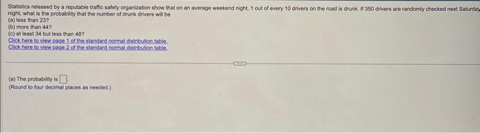 Solved Statistics released by a reputable traffic safety | Chegg.com