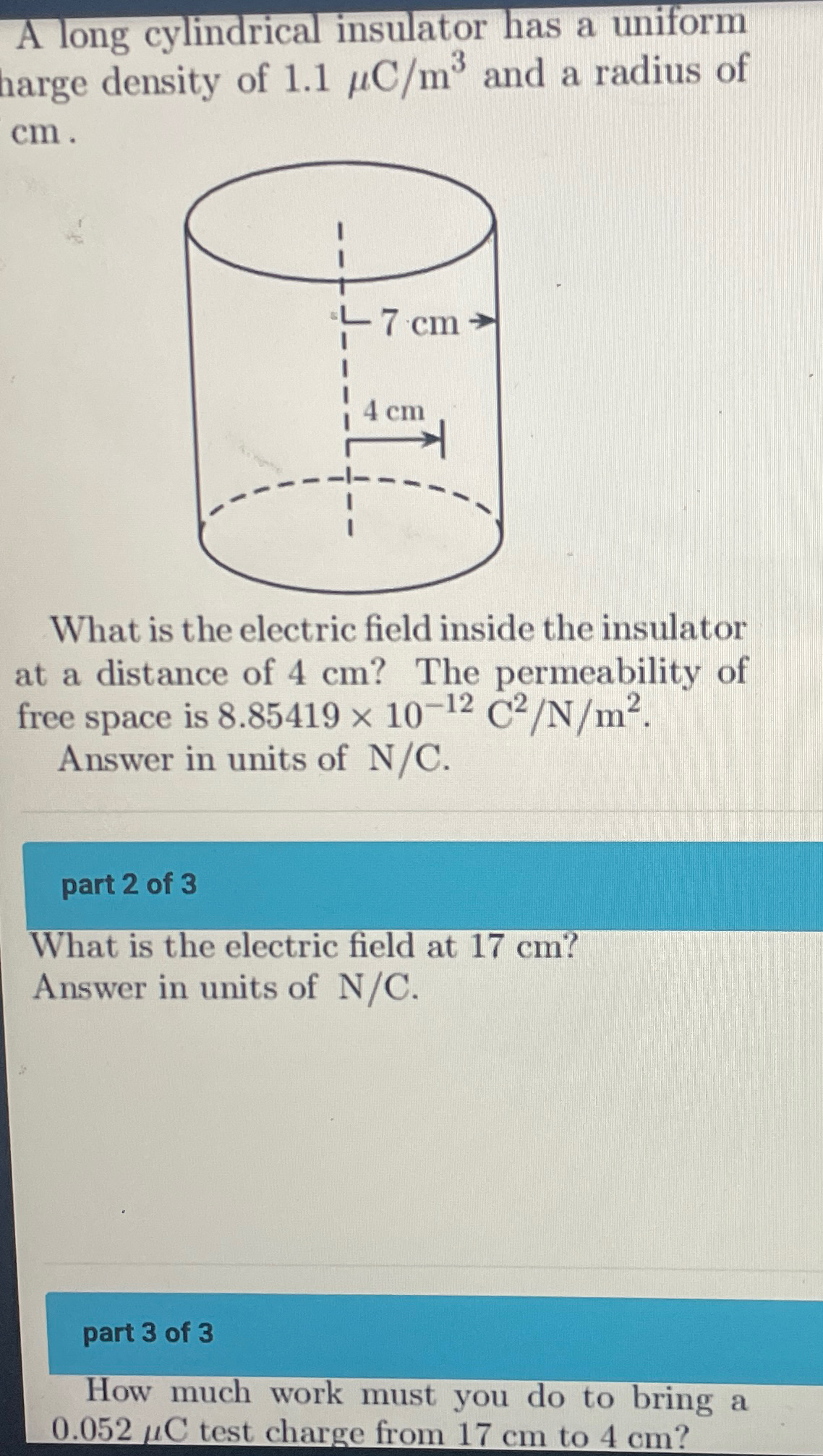 Solved A long cylindrical insulator has a uniform harge | Chegg.com
