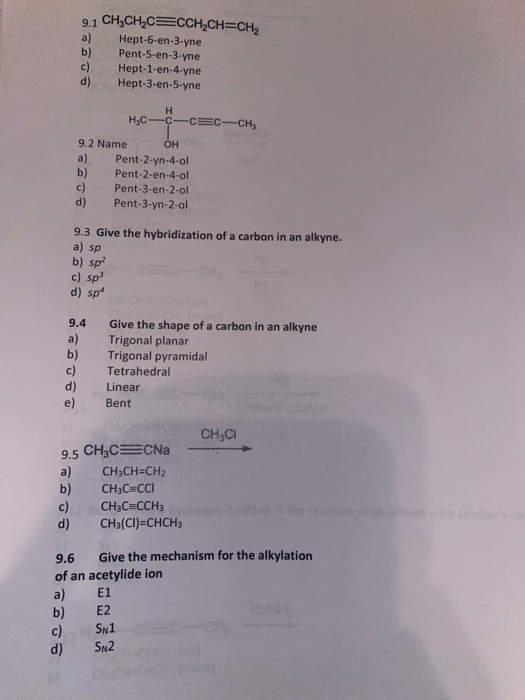Solved 9.1 CH CH CECCH2CH=CH2 a) Hept-6-en-3-yne b) | Chegg.com