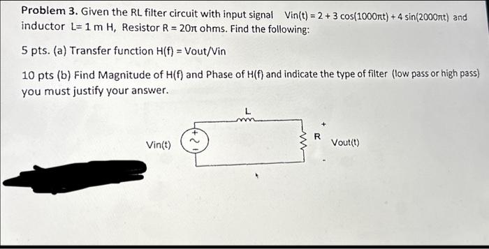 Solved Problem 3. Given the RL filter circuit with input | Chegg.com