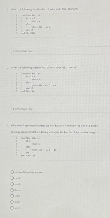 Solved 1. Given the following function A(a,b), what doen | Chegg.com