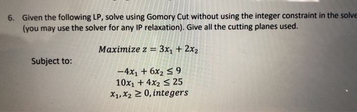 Solved 6. Given the following LP, solve using Gomory Cut | Chegg.com
