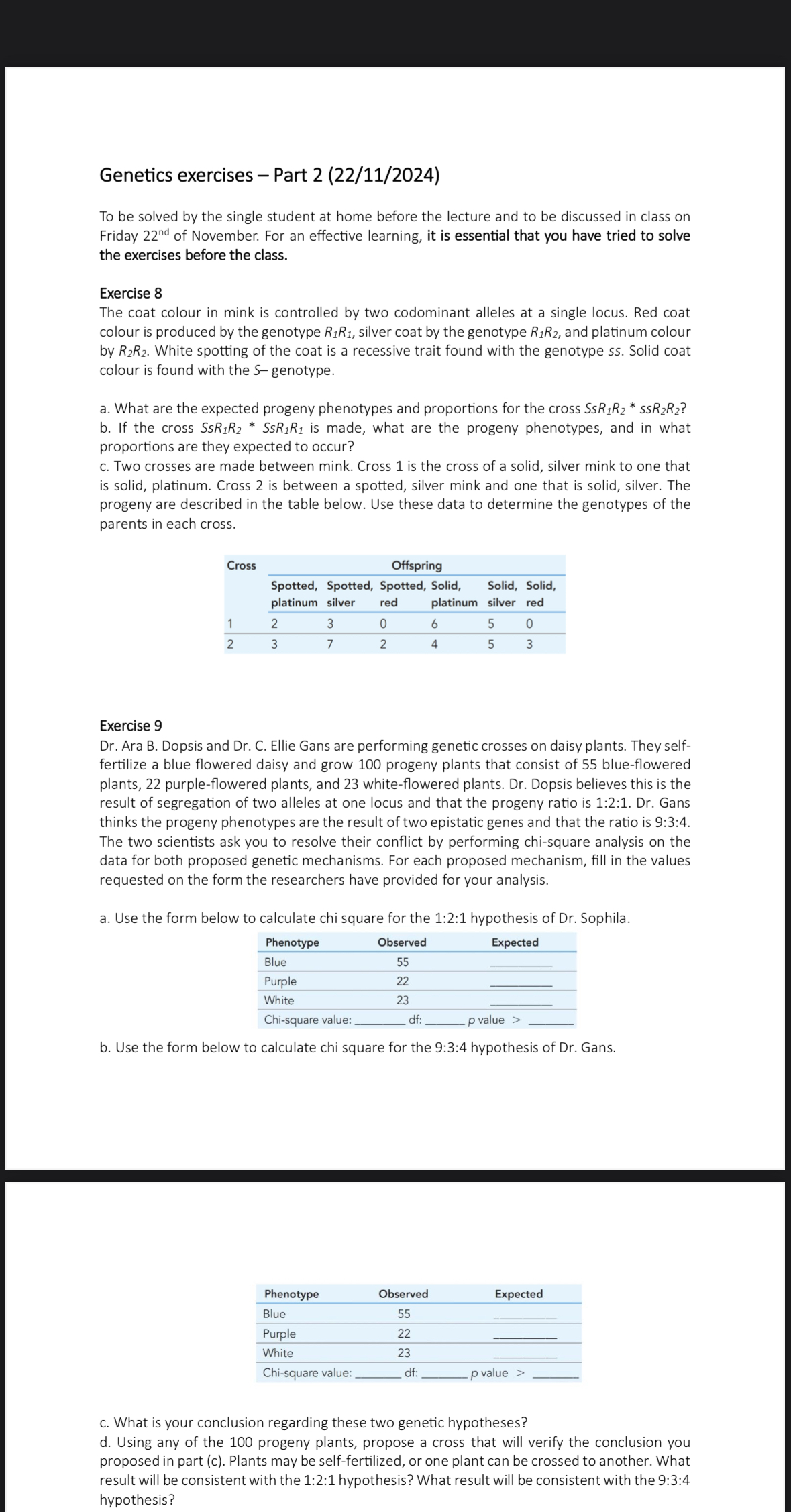 Solved Genetics exercises - ﻿Part 2 (22/11/2024)To be solved | Chegg.com