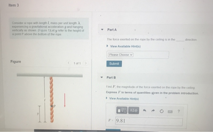 Solved Item 3 Consider a rope with length 1 mass per unit | Chegg.com