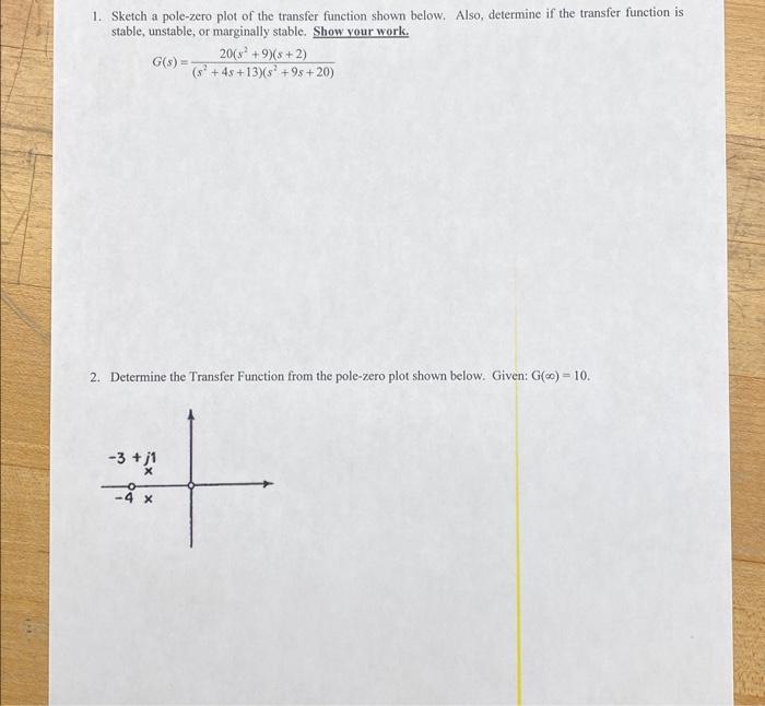 Solved 1. Sketch a pole-zero plot of the transfer function | Chegg.com