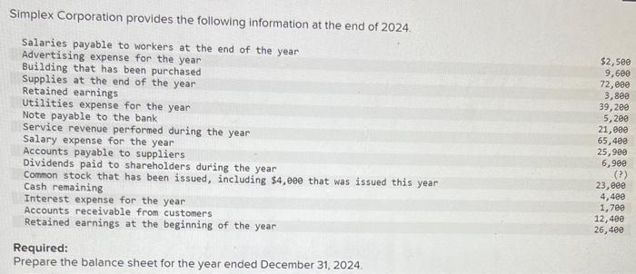 Solved Simplex Corporation provides the following | Chegg.com