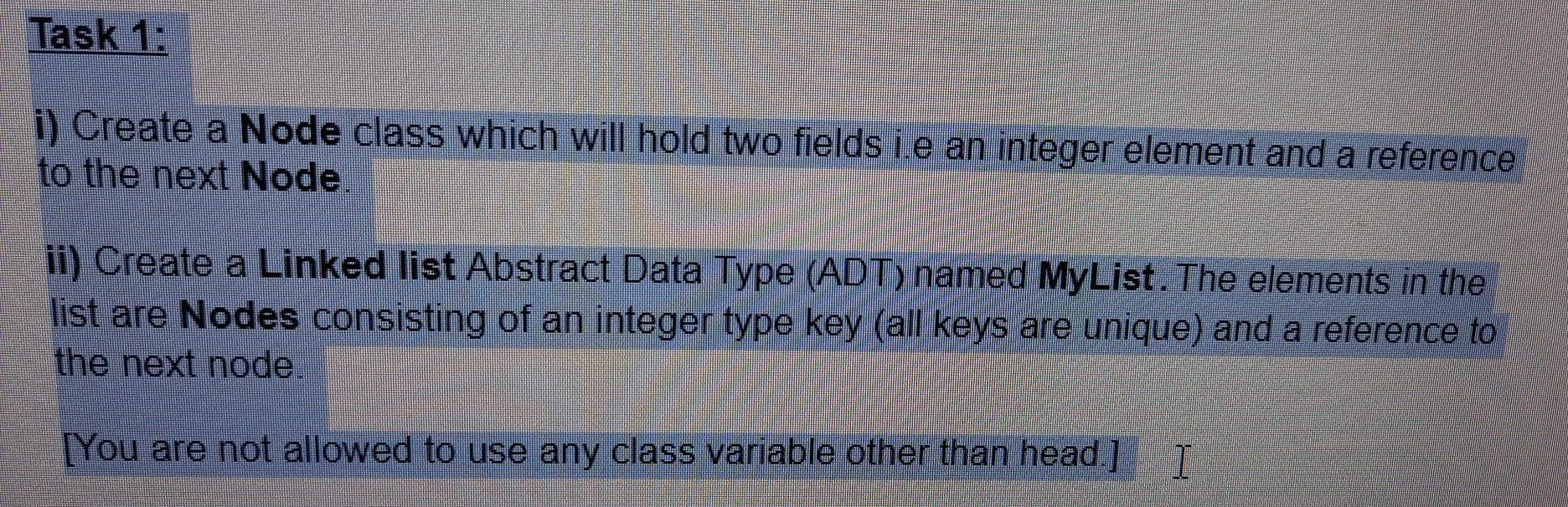 Solved Task 1: i) Create a Node class which will hold two | Chegg.com